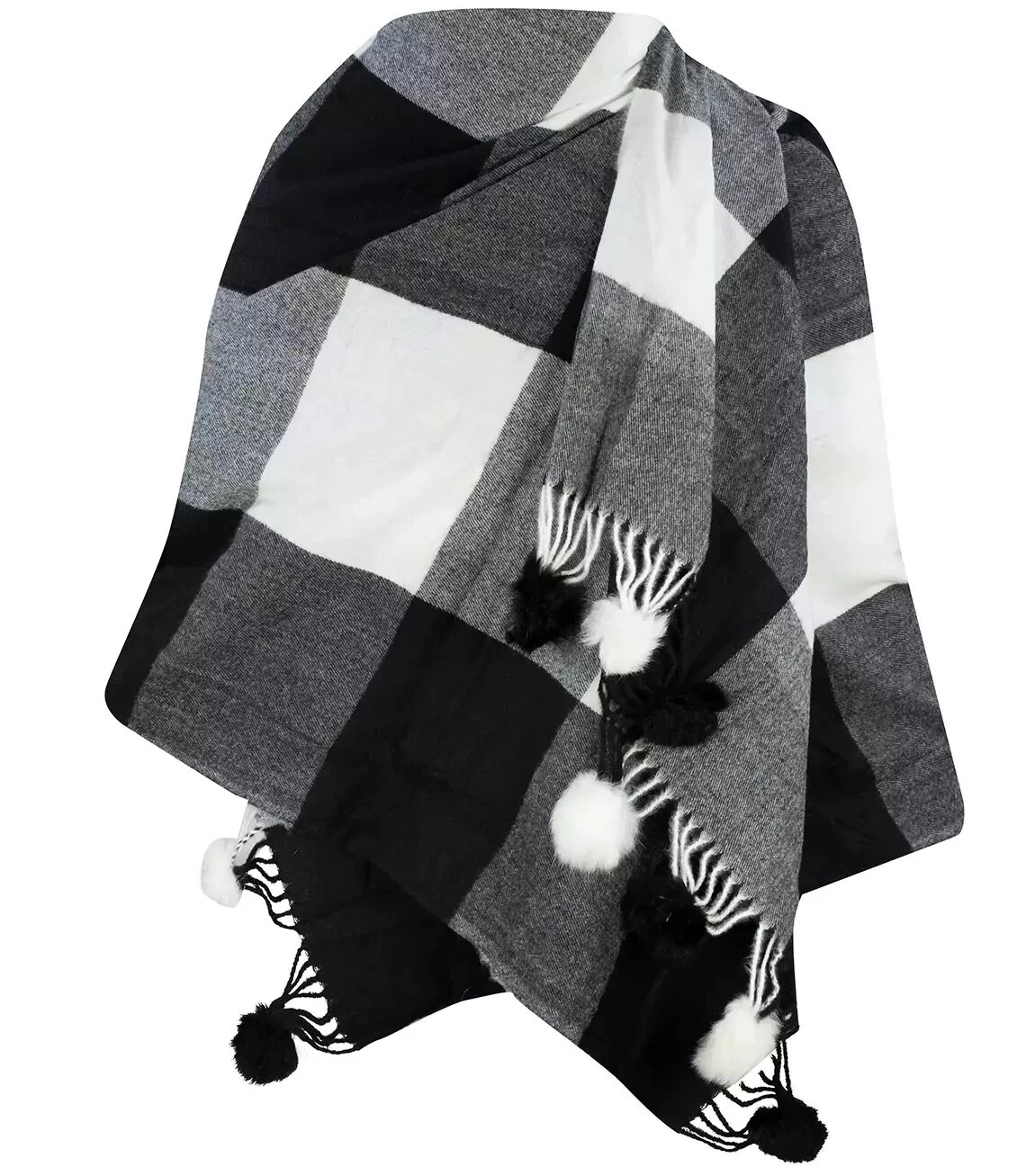 Szal szalik ciepła chusta w kratkę z pomponami (13566 / AX-121-6) - Agrafka