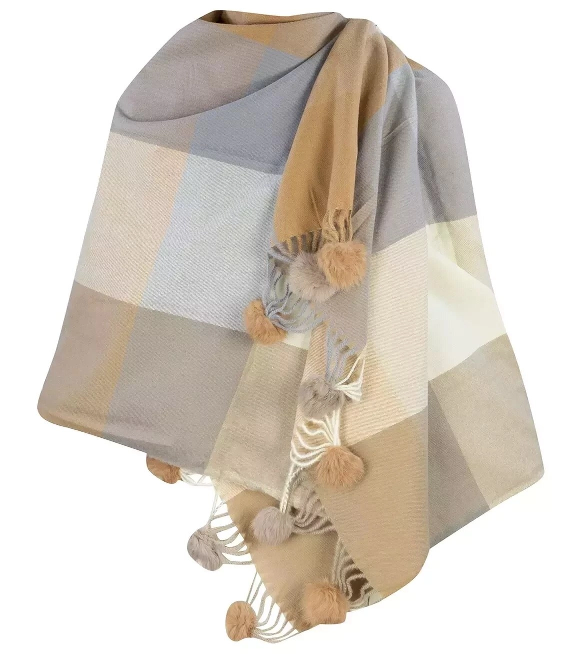 Szal szalik ciepła chusta w kratkę z pomponami (13563 / AX-121-13) - Agrafka