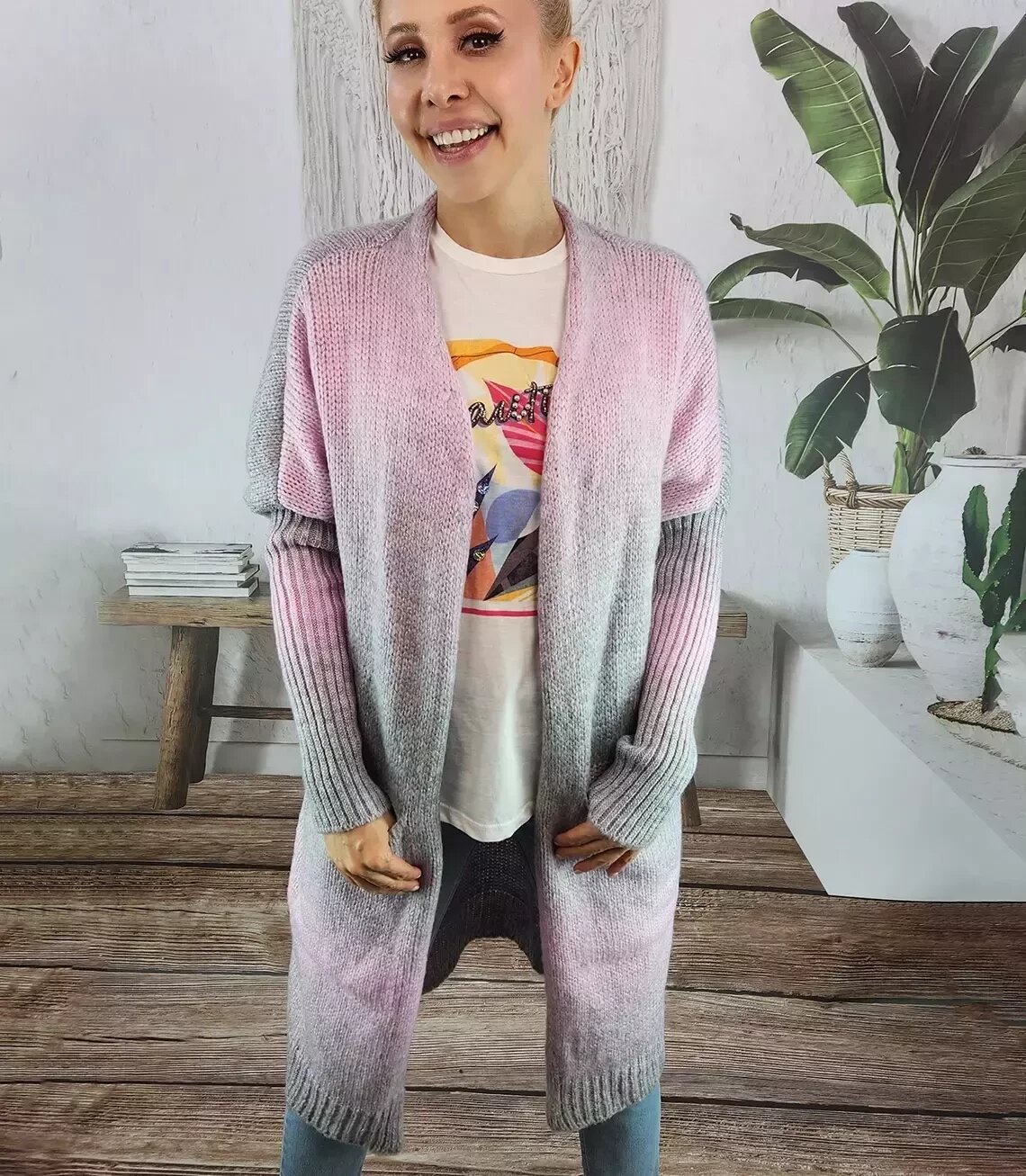 Kardigan długi gruby sweter ombre kolorowy (14952 / DZ1028) - Agrafka